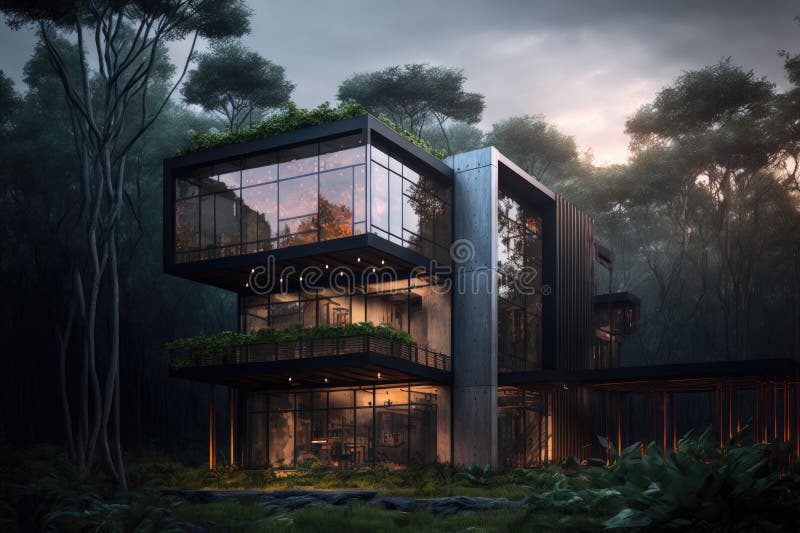 Modern House with Panoramic Windows in the Jungle, AI Generative Stock ...