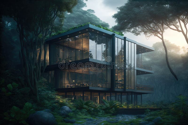 Modern House with Panoramic Windows in the Jungle, AI Generative Stock ...