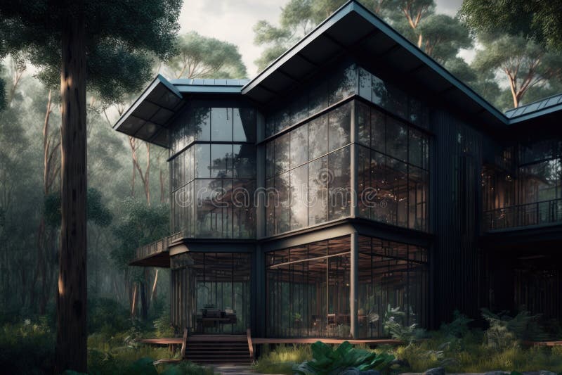 Modern House with Panoramic Windows in the Jungle, AI Generative Stock ...