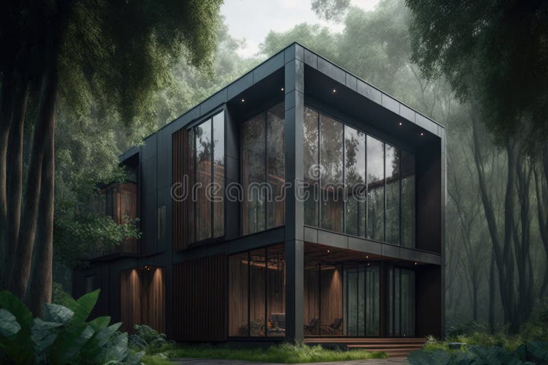 Modern House with Panoramic Windows in the Jungle, AI Generative Stock ...