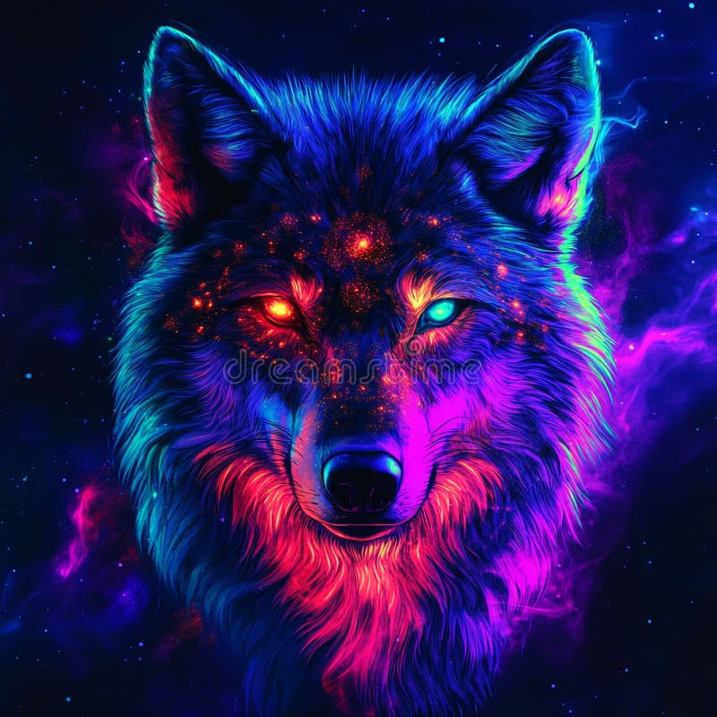 Cosmic Neon Wolf with Mystical Aura with Trending AI Animal Image Stock ...