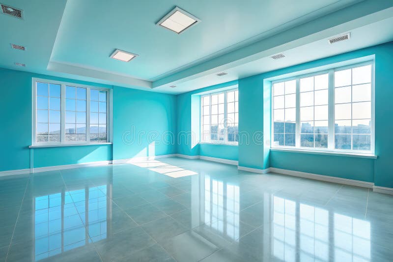 Stunning AIGenerated Empty Room Light Blue Walls White Floors and Large ...