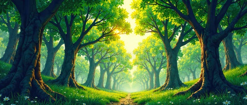A Stunning AIGenerated Forest Scene Teamwork of Trees in Warm Sunlight ...