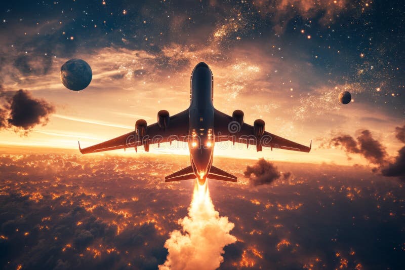 A Stunning Airplane is Soaring through Space. it Leaves a Trail of Fire ...