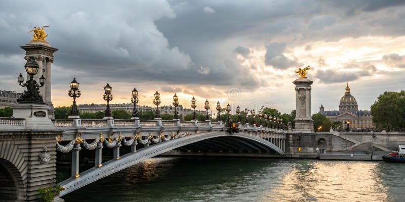 Beautiful Bridge of Alexandre III in Paris at Cloudy Day Stock ...