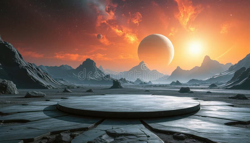 Stunning Alien Landscape with Circular Platform, Mountains, and Planets ...