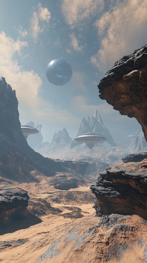 Futuristic Alien Landscape with Floating Structures and Rocky Terrain ...