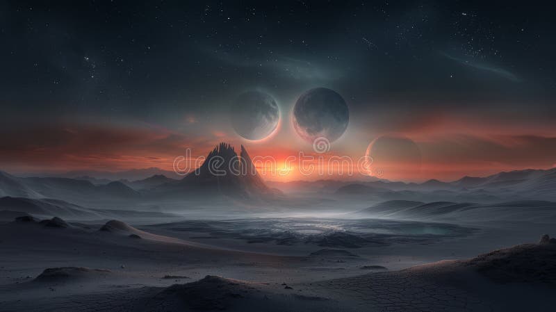 Stunning Alien Landscape with Multiple Moons, a Distant Sunset, and a ...