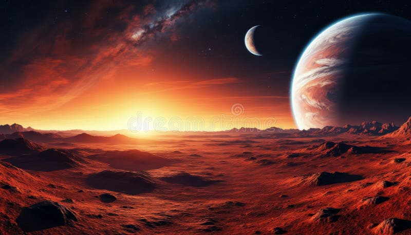A Stunning Alien Landscape at Sunset with Reddish Terrain, Distant ...