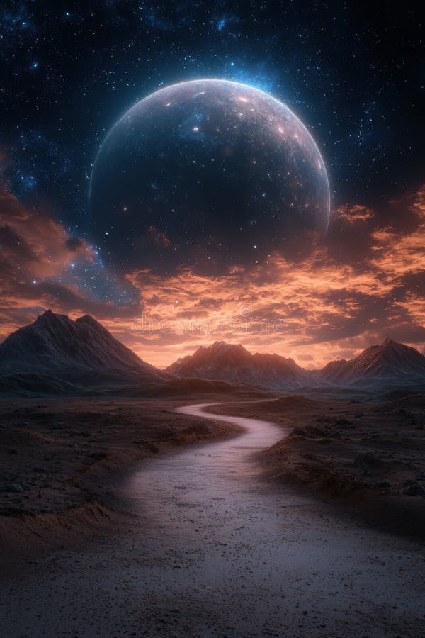 Stunning Alien Landscape with Winding Path Under Large Moon, Showcasing Vibrant Colors and ...