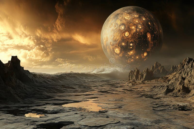 Vast Alien Landscape Under a Dramatic Sky with a Giant Celestial Body ...