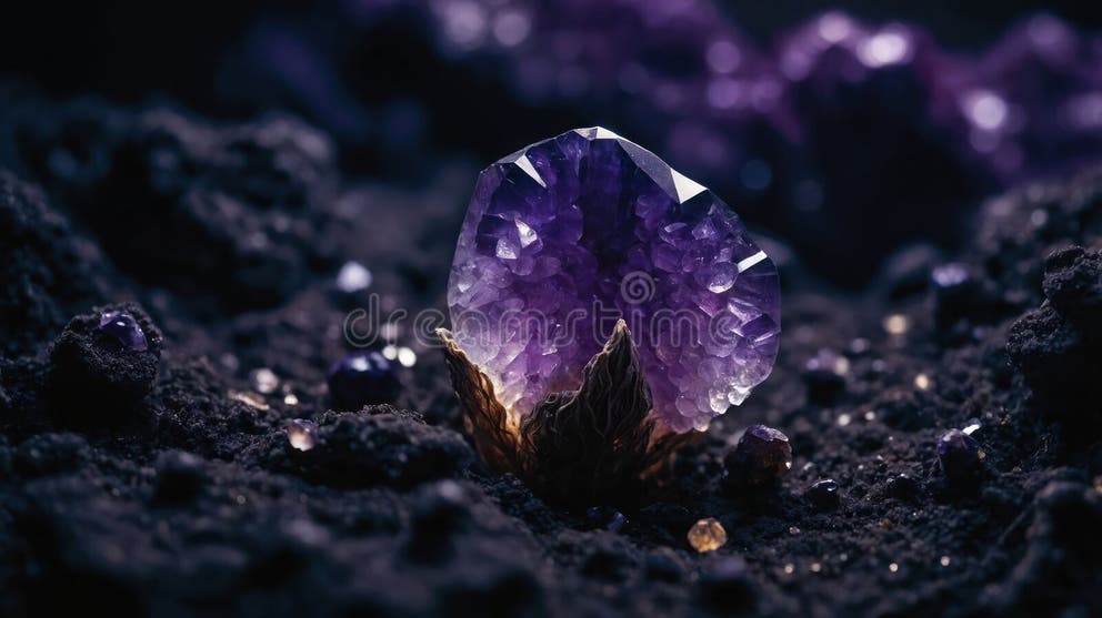 Amethyst Geode Crystal Cluster Growing from Dark Earth, Mystical Purple Gemstone Stock ...