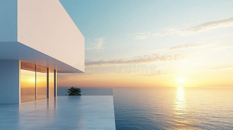 Modern Cliffside Villa with Ocean Sunset View Stock Illustration ...