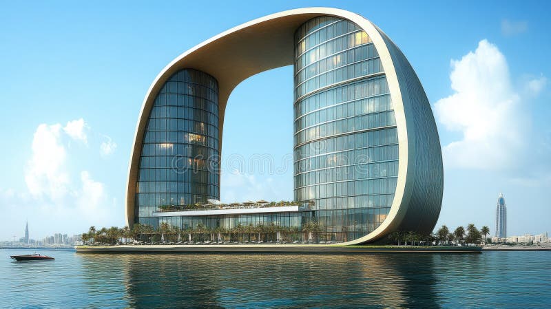 Curved Waterfront Hotel Design Stock Illustration - Illustration of ...