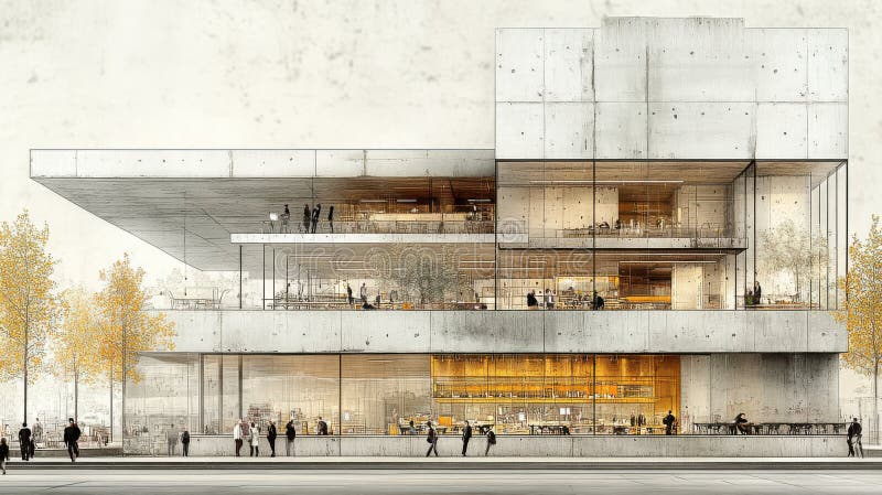 Modern Concrete Library Design Stock Illustration - Illustration of ...