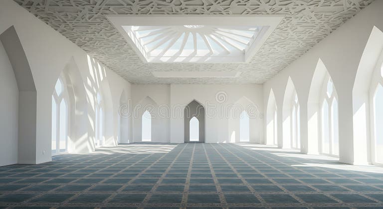 Serene Modern Mosque Interior with Skylight and Ornate Ceiling Stock ...
