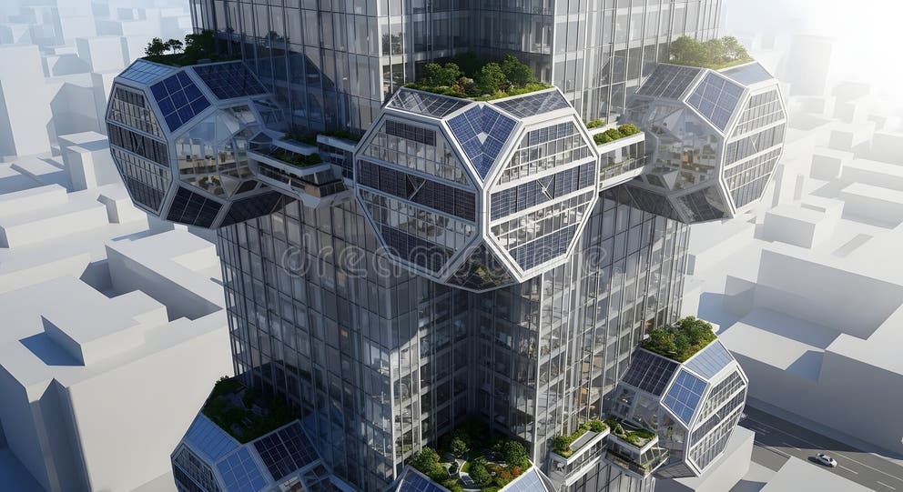 Futuristic Skyscraper with Integrated Gardens and Solar Panels Stock ...