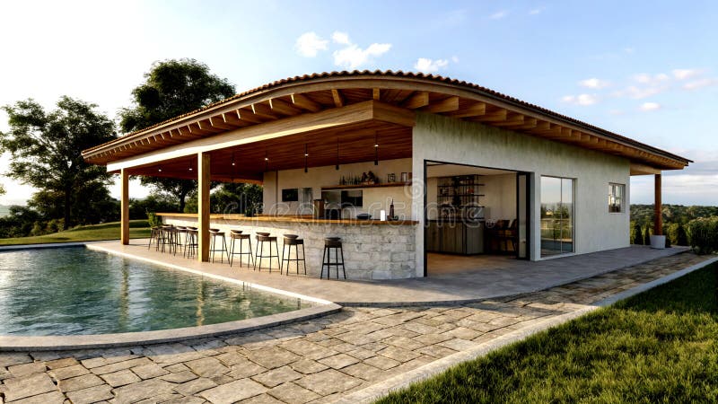 Luxury Poolside Bar and Pavilion Stock Illustration - Illustration of ...