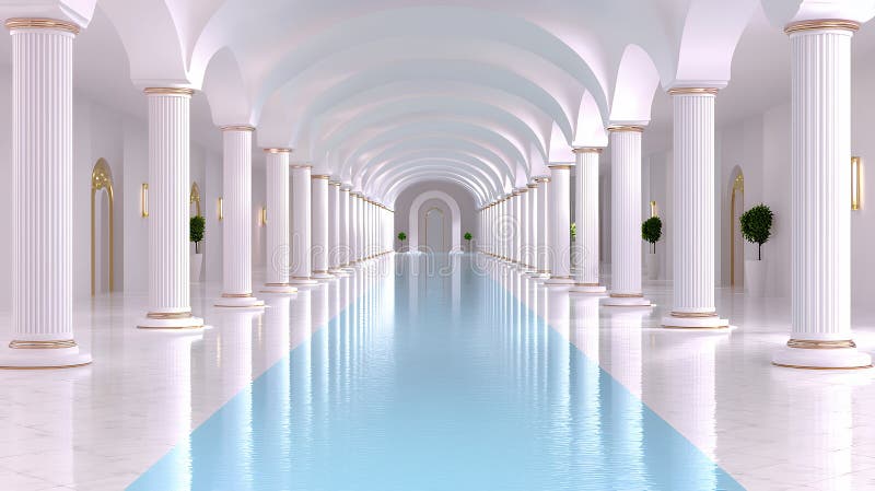 Elegant Architectural Space with Reflective Water and Graceful Columns ...