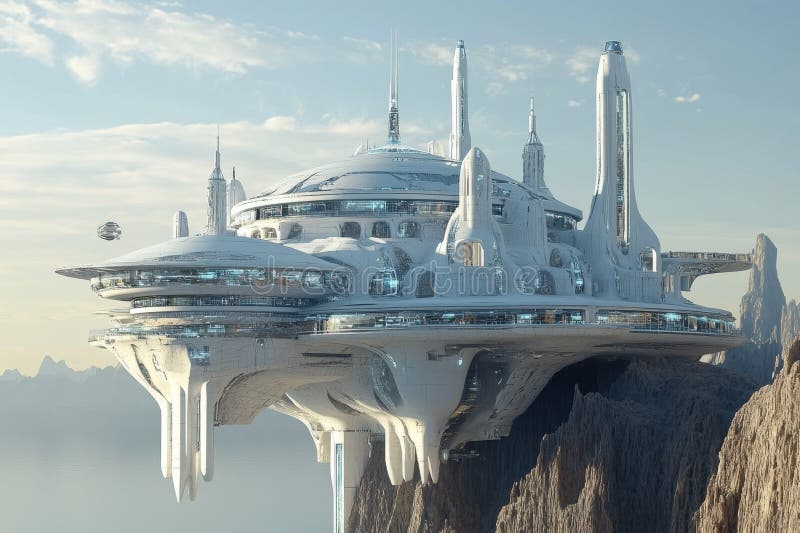 Futuristic Floating City with Sleek Architecture Over Rocky Terrain ...