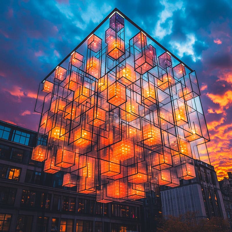 Stunning Architectural Structure with Illuminated Cubes Under Dramatic ...