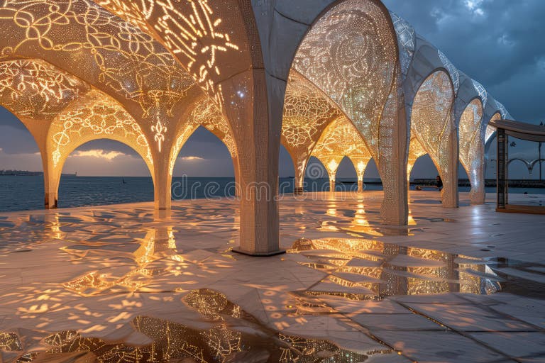 Stunning Architectural Structure with Intricate Lighting at Dusk Stock ...