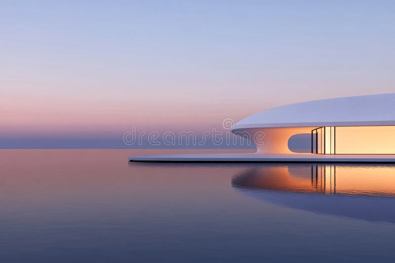 Modern Architecture Reflects in Calm Waters during Sunset at a Tranquil ...