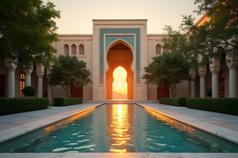 Stunning Architecture of an Islamic Palace with Pool and Sunset ...