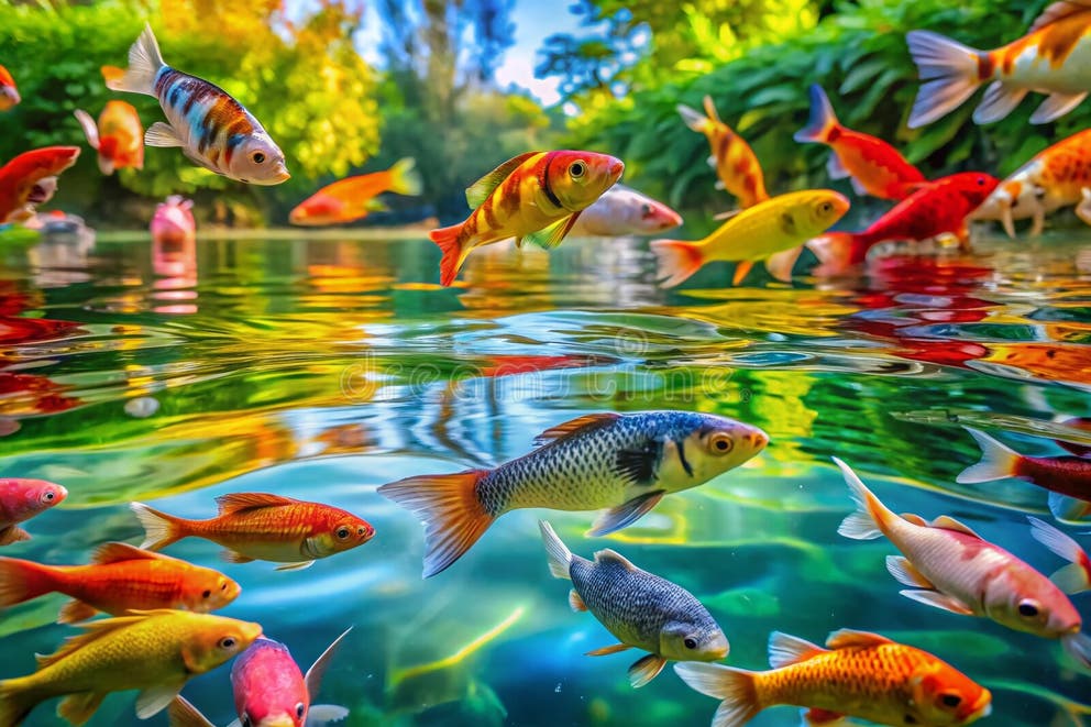 A Stunning Array of Colorful Fish in a Sparkling Pond Reflecting the Sunlight in Vibrant Ripples ...
