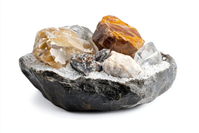 A Stunning Array of Colorful Natural Stones Rests on a Smooth Rock Base ...