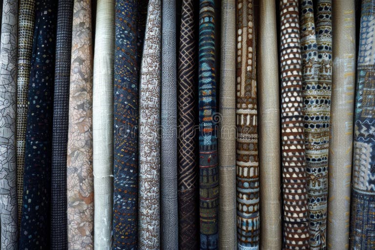 A Stunning Array of Fabrics Hangs in a Textile Shop, Displaying Intricate Patterns and Stock ...