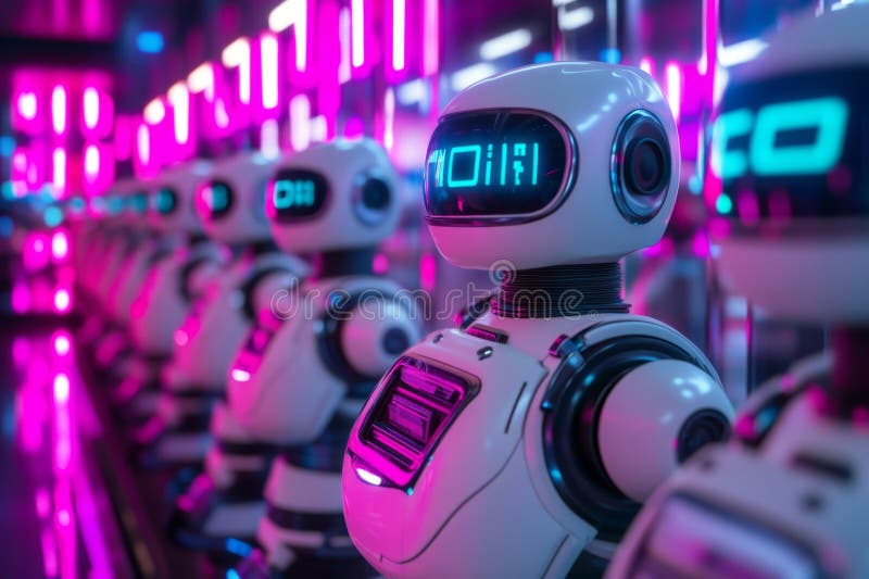 A Stunning Array of Futuristic Robots Lined in Vibrant Lights. Each ...