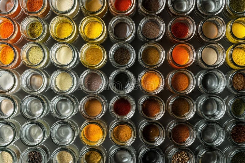 A Stunning Array of Uniform Glass Spice Jars Fills the Frame, Arranged ...