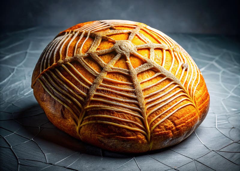 Stunning Artisan Bread Loaf with Intricate Spiderweb Texture on a Gray ...