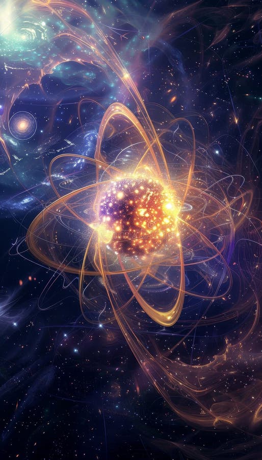Stunning Atom Illustration Vibrant Cosmic Energy and Galactic Backdrop ...