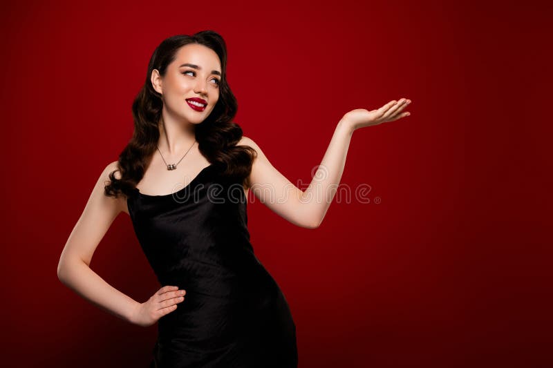 Stunning Attractive Rich Lady Millionaire Presenting Empty Space on Red ...