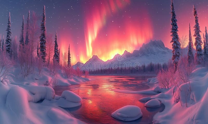 Stunning Aurora Borealis Over Snow-covered Mountains and River at ...
