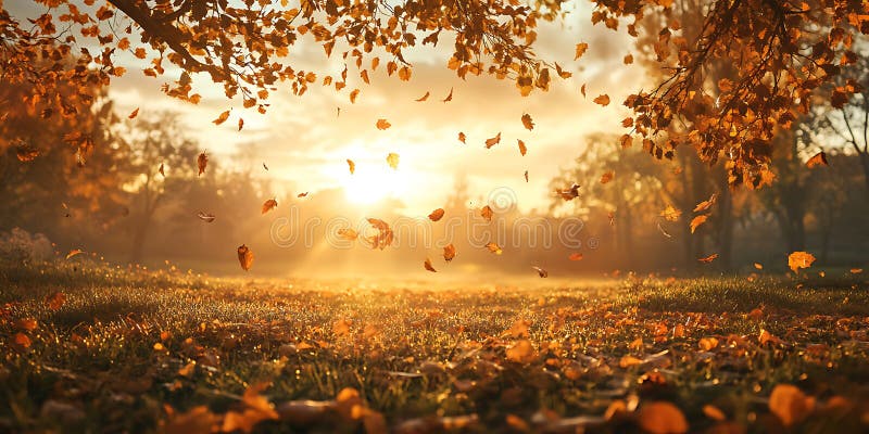 Stunning Autumn Sunset Falling Leaves and a Crowd of People Stock ...