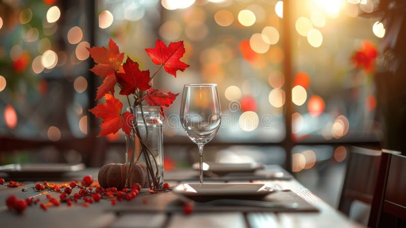 Autumnal Table Setting with Red Leaves and Vintage Filter, Defocused ...