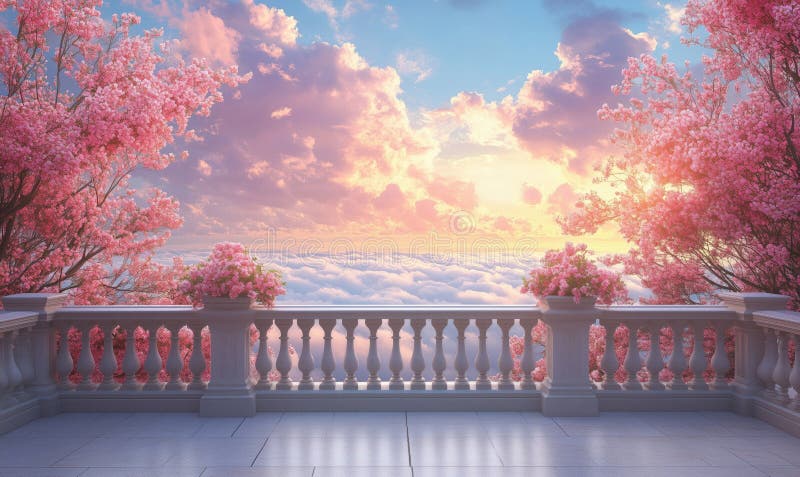 Stunning Balcony View with Cherry Blossoms Overlooking Clouds at Sunset ...