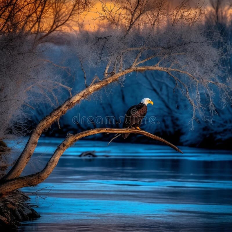 Majestic Bald Eagle Perching Above River Stock Illustration ...