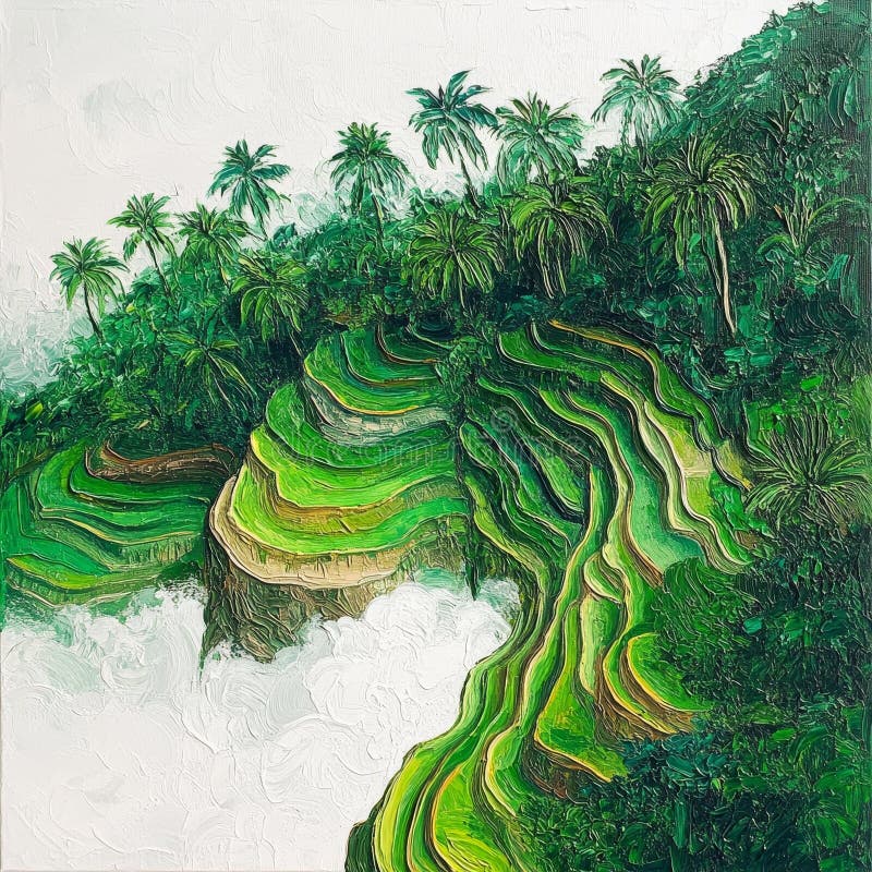 Stunning Bali Rice Terraces Painting Stock Illustration - Illustration ...