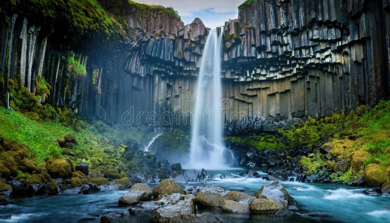 A Stunning Basalt Column Waterfall with Clear Water and Green Moss ...