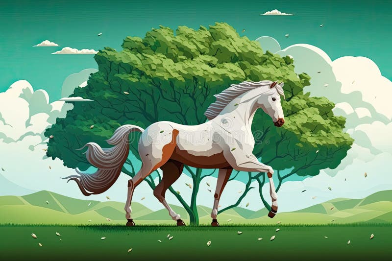 A Stunning Bay Horse Rears Up in a Lush Spring Field Stock Illustration ...