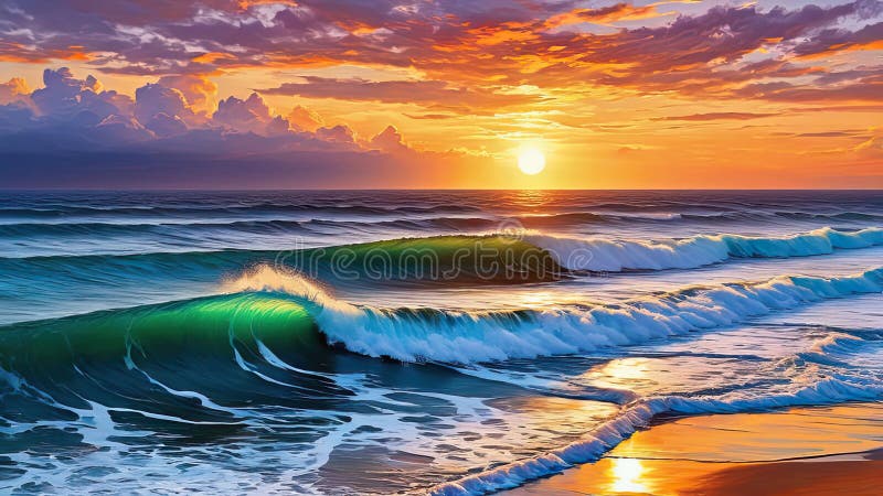 Stunning Beach with Huge Waves during Sunset Stock Illustration ...