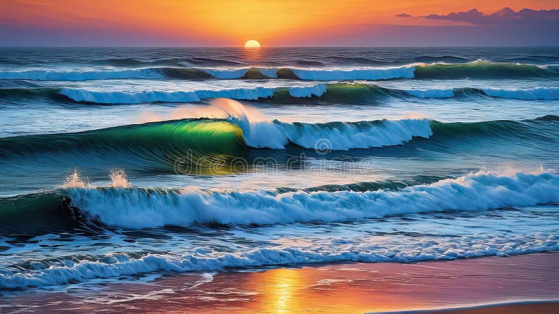 Stunning Beach with Huge Waves during Sunset Stock Illustration ...