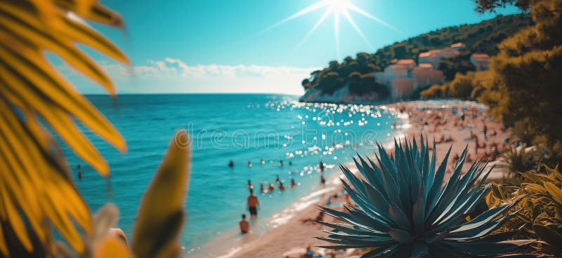Stunning Beach Scene with Sunlit Waves and Vibrant Tropical Plants ...