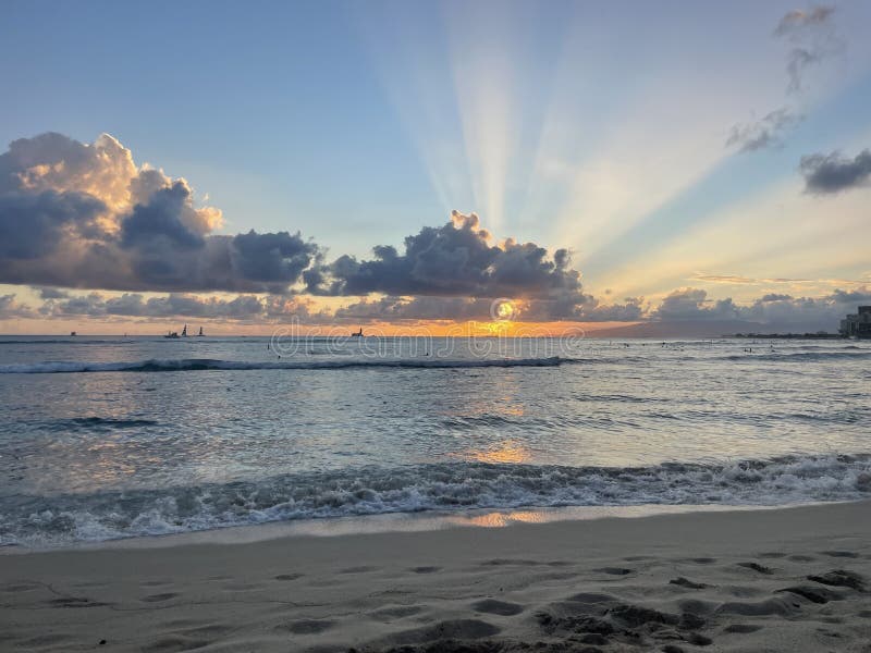 Stunning Beach Sunset with Radiant Beams of Light Stock Photo - Image ...