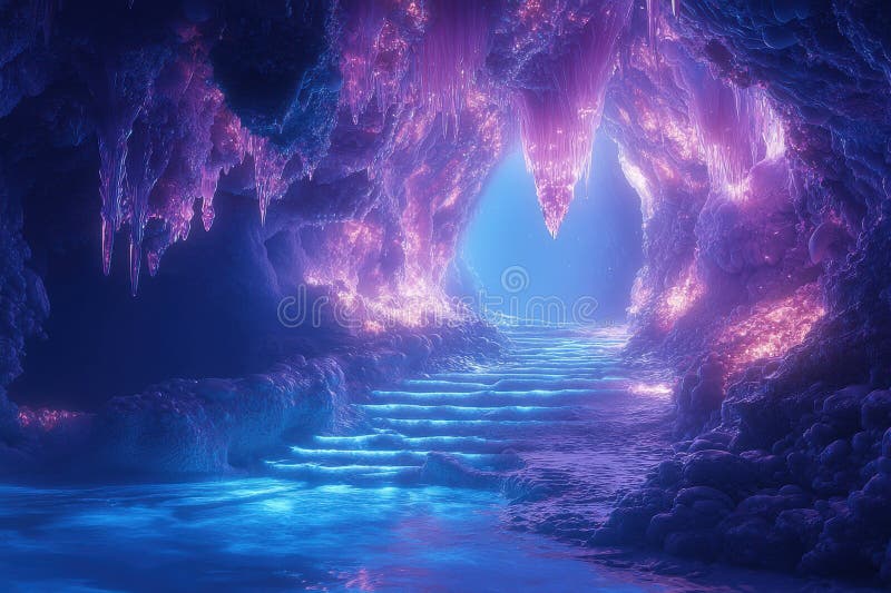 Stunning Bioluminescent Cave with Glowing Crystals and Water Stock ...