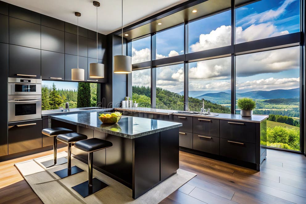 Stunning Black Modern Kitchen with Panoramic Window View Interior ...